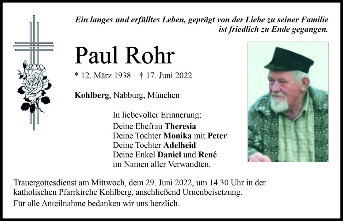 Traueranzeige Paul Rohr, Kohlberg