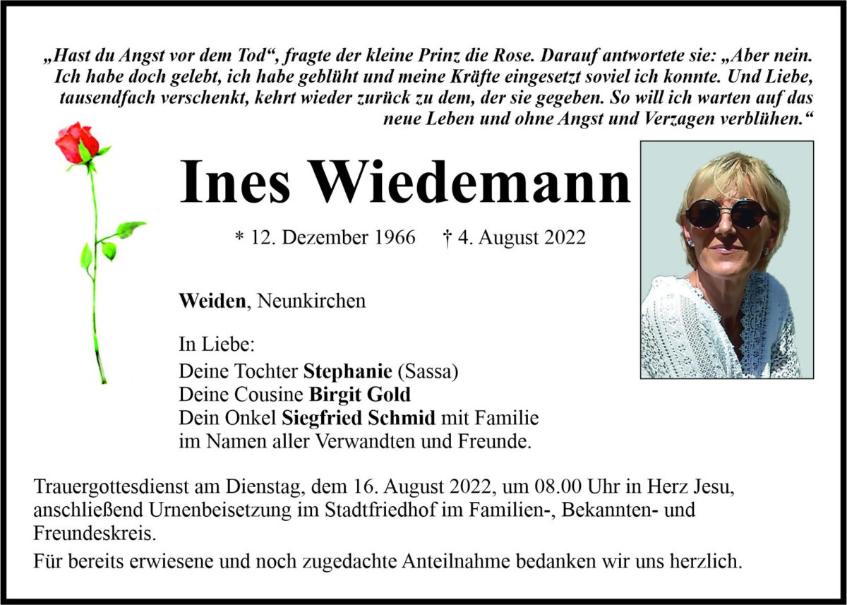 Traueranzeige Ines Wiedemann, Weiden